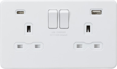 13A 2G SP Switched Socket with Dual USB A+C (5V DC 4.0A shared) - Matt ...