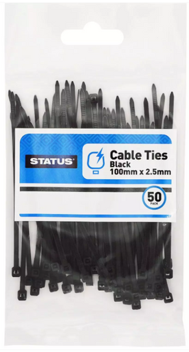 Status Black Cable Ties, 2.5mm x 100mm - Pack of 50