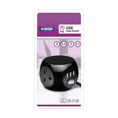 STATUS - 3 WAY 3 USB BLACK CUBE SOCKET - 1.4M