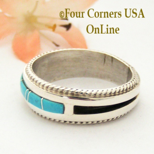 Size 13 Turquoise Inlay Rope Band Ring Navajo Wilbert Muskett Jr WB ...