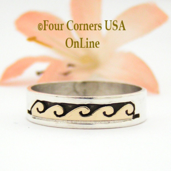 Size 9 3/4 Ring 14K Gold Silver Wave Water Symbol Band Ring Navajo ...