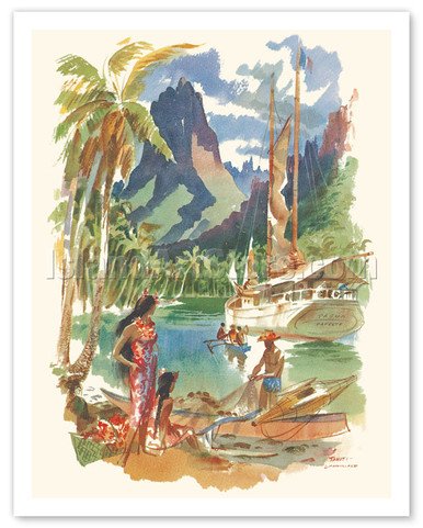 Moorea, Tahiti - Sailboat, Islanders and Mount Rotui - c. 1957 - Fine ...