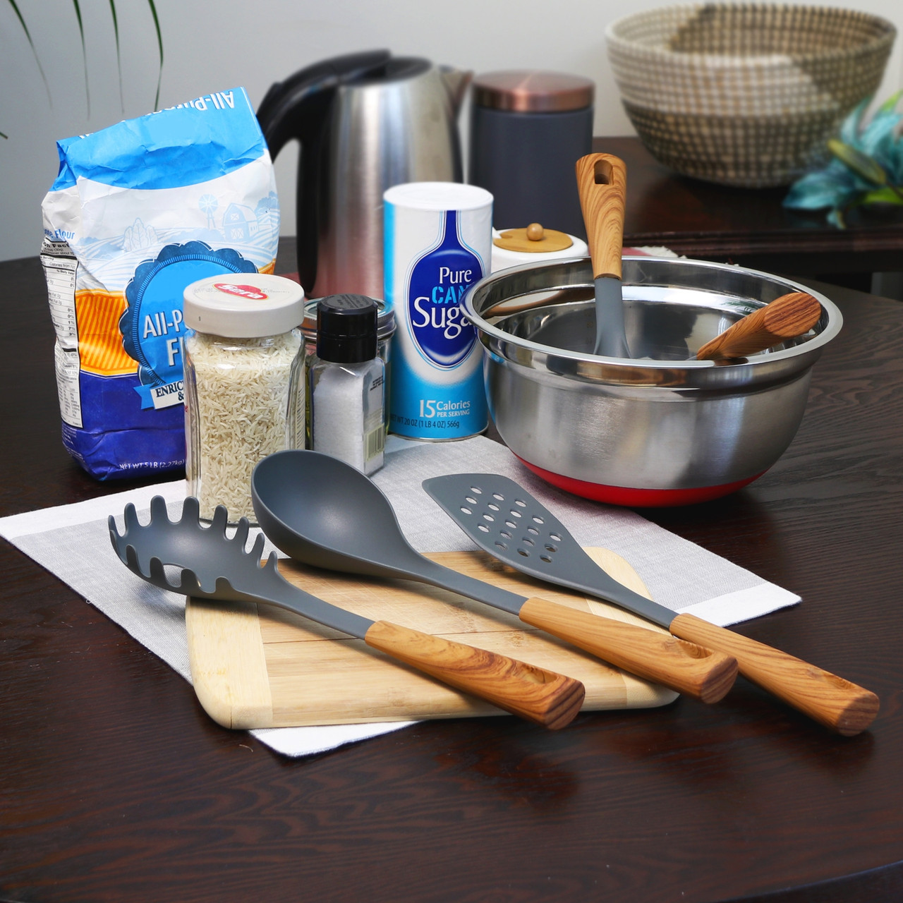 Oster Everwood Kitchen Nylon Tools Set with Wood Inspired Handles, Set of 5