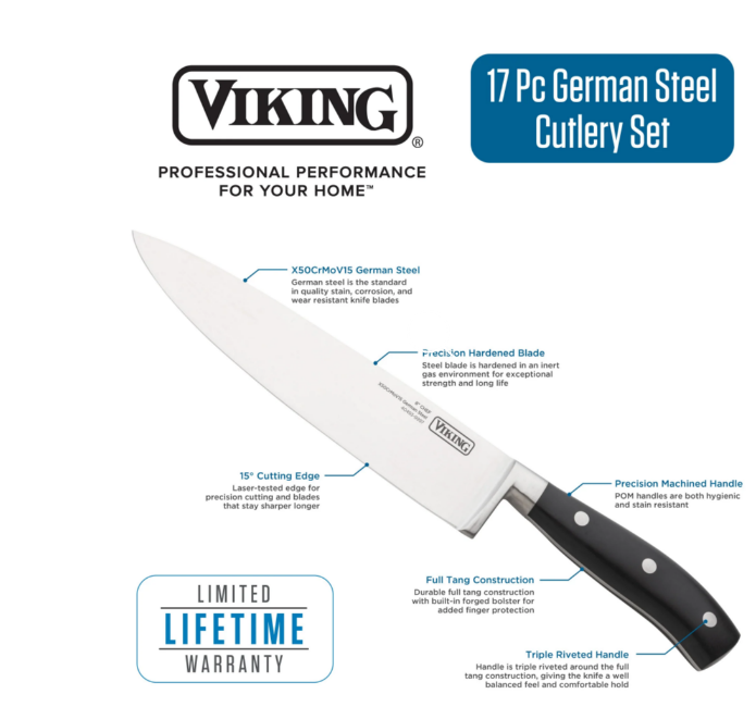 Viking 17-Piece German Steel Cutlery Set with Light Walnut Color Block