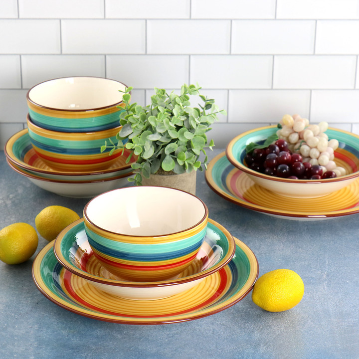 Gibson Home Rainbow 12 Piece Stoneware Dinnerware Set in Green Multi