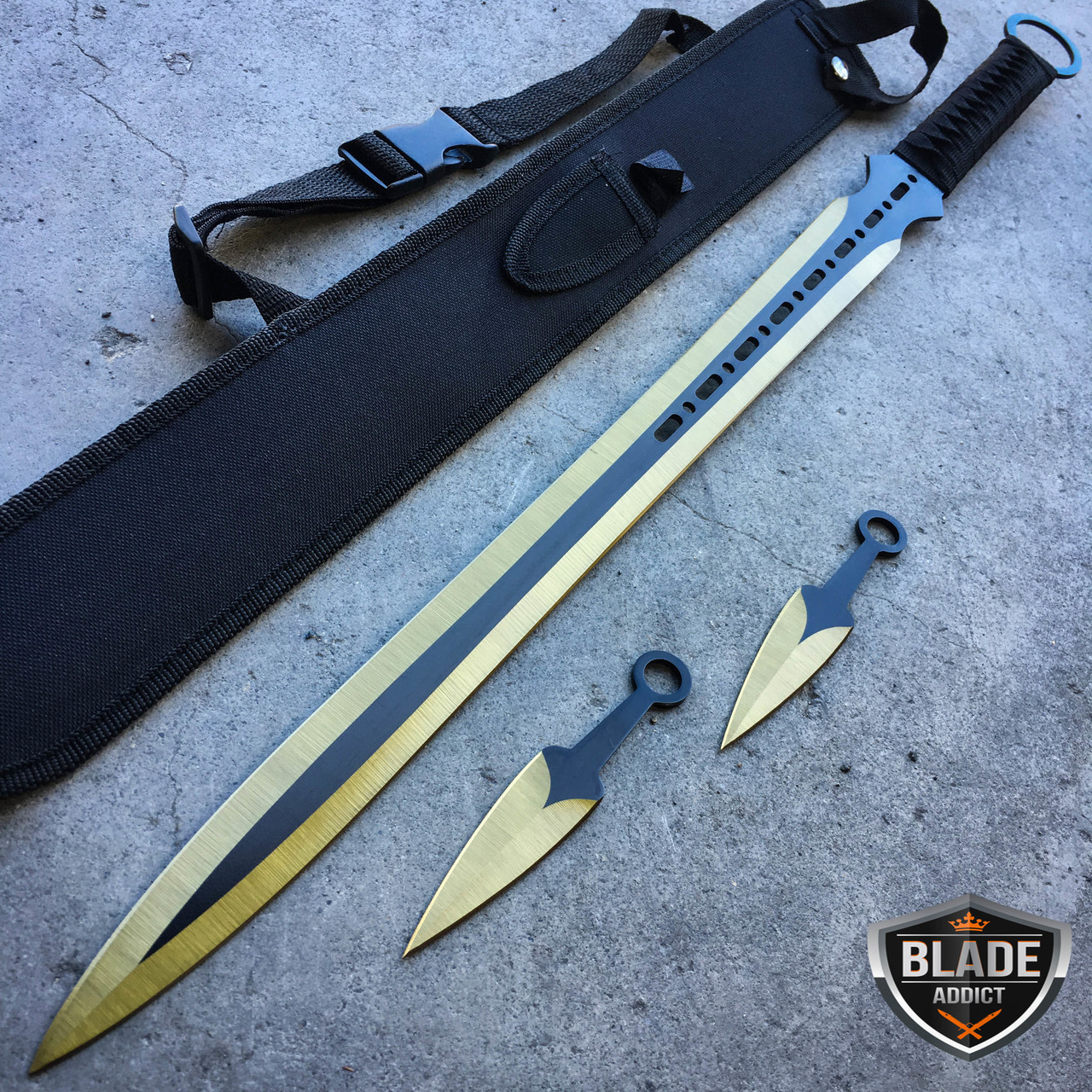 27" Ninja Sword Tactical Fixed BLADE Machete w/ 2 Throwing Knife ...