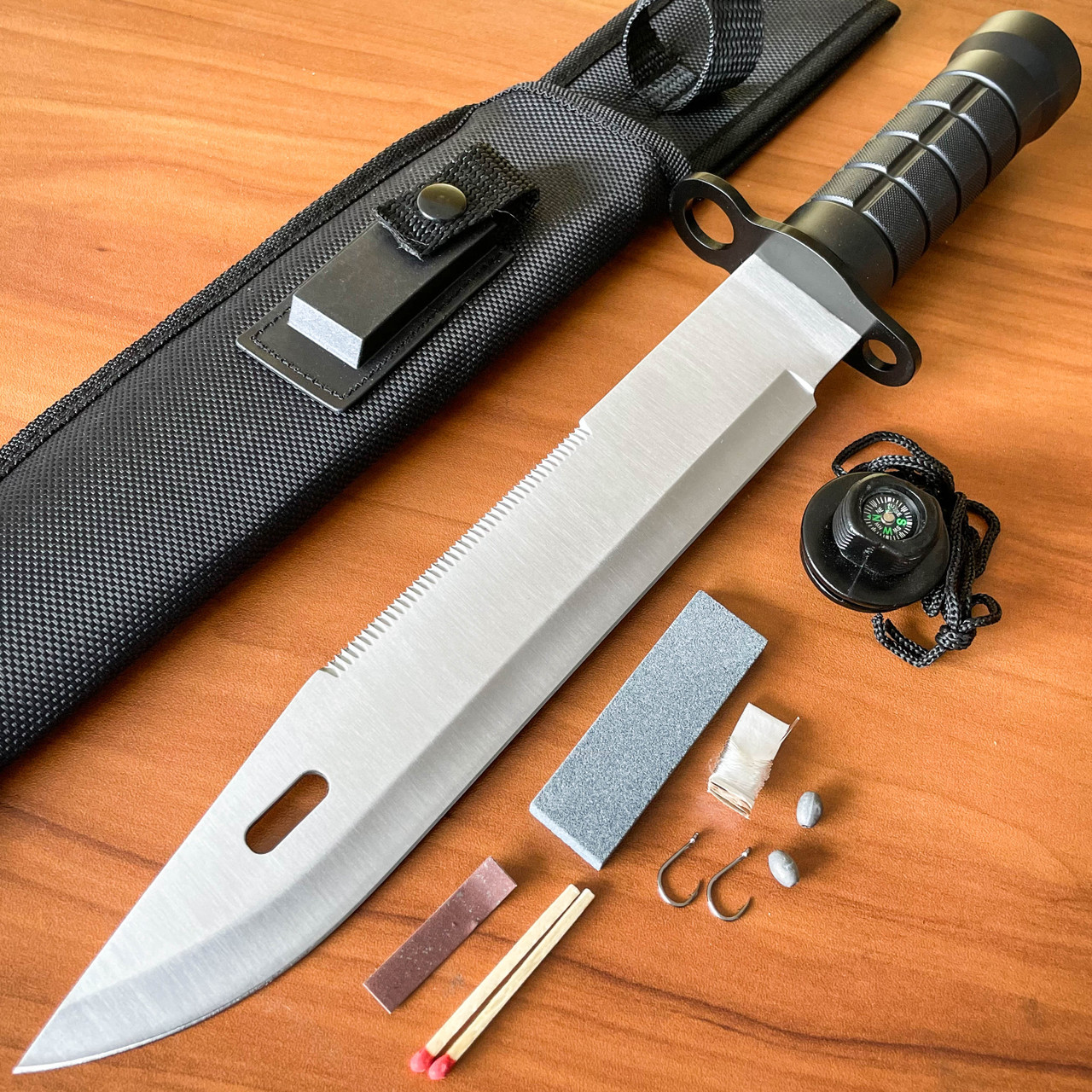 15" Tactical Hunting Rambo Fixed Blade Knife Machete Bowie w/ Survival ...