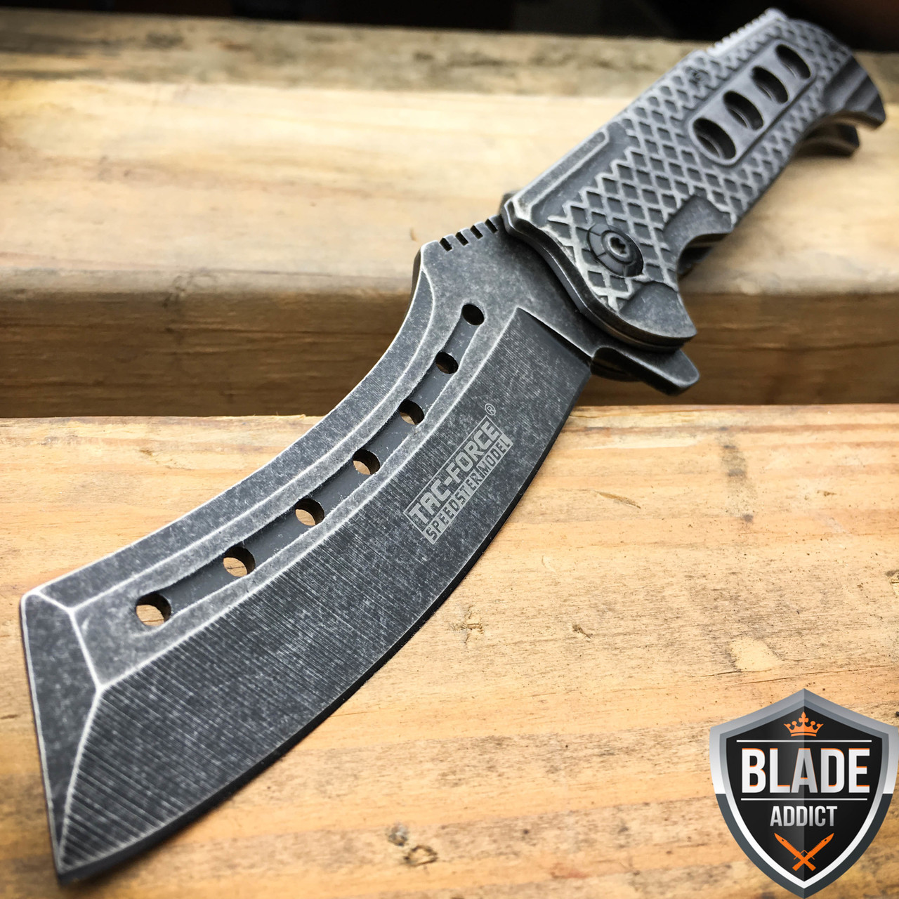 9" TAC FORCE Razor Spring Assisted Open Folding Pocket Knife Stonewash Cleaver - MEGAKNIFE