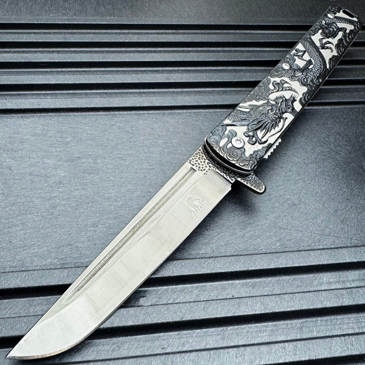 Dragon Engraved Spring Assisted Pocket Knife - MEGAKNIFE