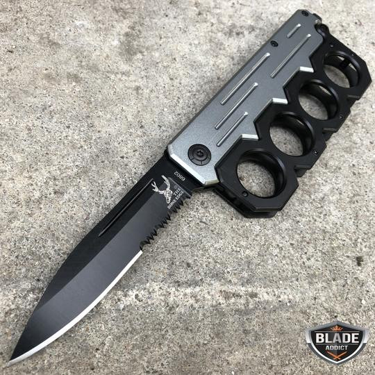 8.5" Grey Knuckle Tactical Spring Assisted Open Folding Pocket Knife ...