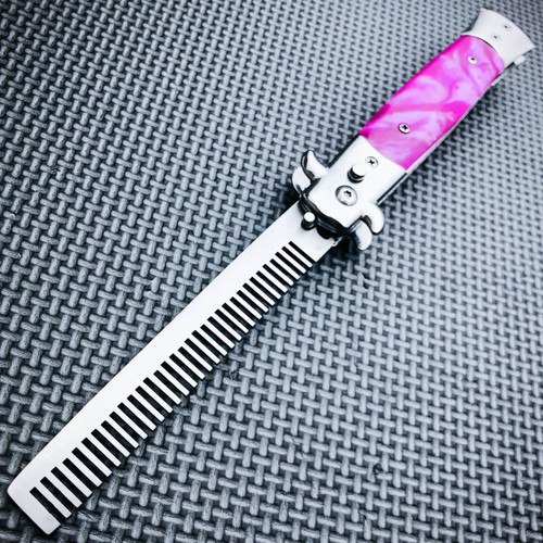 Automatic Push Button Folding Comb Switchblade Knife Looking Brush Pink ...