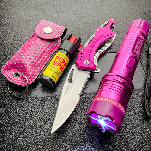 PINK Tactical Stun Gun Flashlight + Pocket Knife + Pepper Spray Self ...