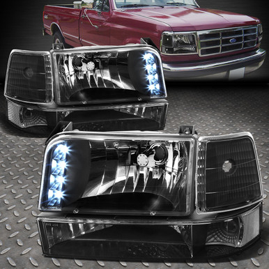 FOR 92-96 FORD F150 F250 F350 LED DRL BLACK HOUSING CLEAR CORNER ...