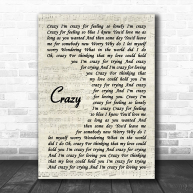 Patsy Cline Crazy Vintage Script Decorative Wall Art Gift Song Lyric ...