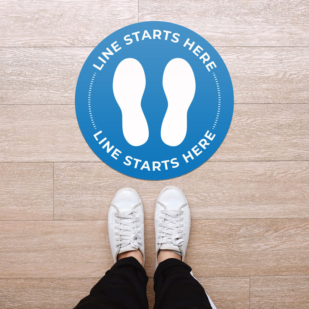 Floor Sticker Decal - Line Starts Here Blue - 18" x 18" Circle