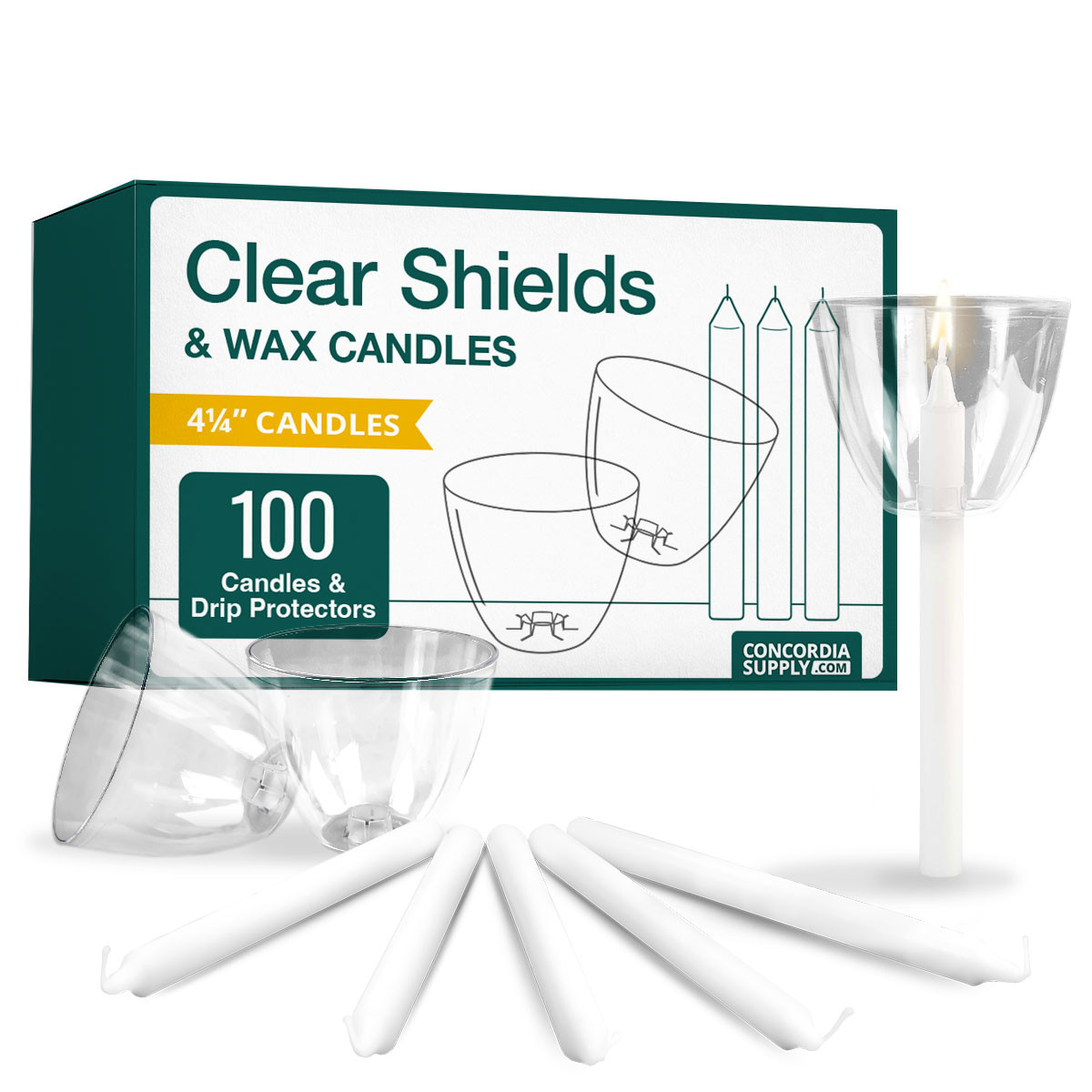Candlelight Service Set 4.25" Candles & CLEAR Plastic Shields (Set of 100)