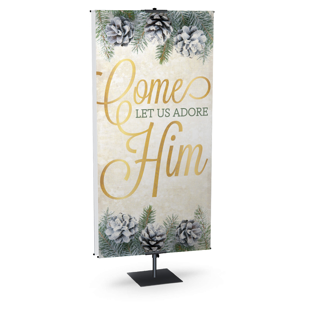 Church Banner - Gold Pine Christmas - Come Let Us Adore Him