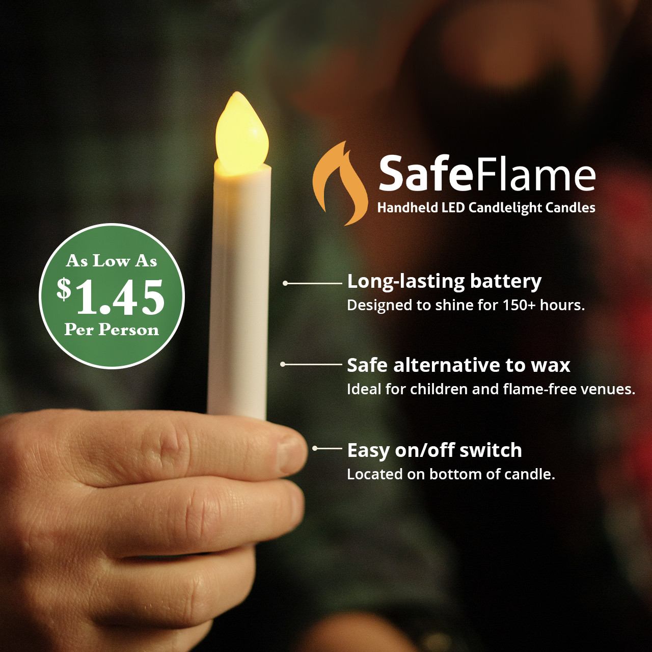 SafeFlame Handheld Flickering LED Battery Candle - Switch On-Off (Pack ...