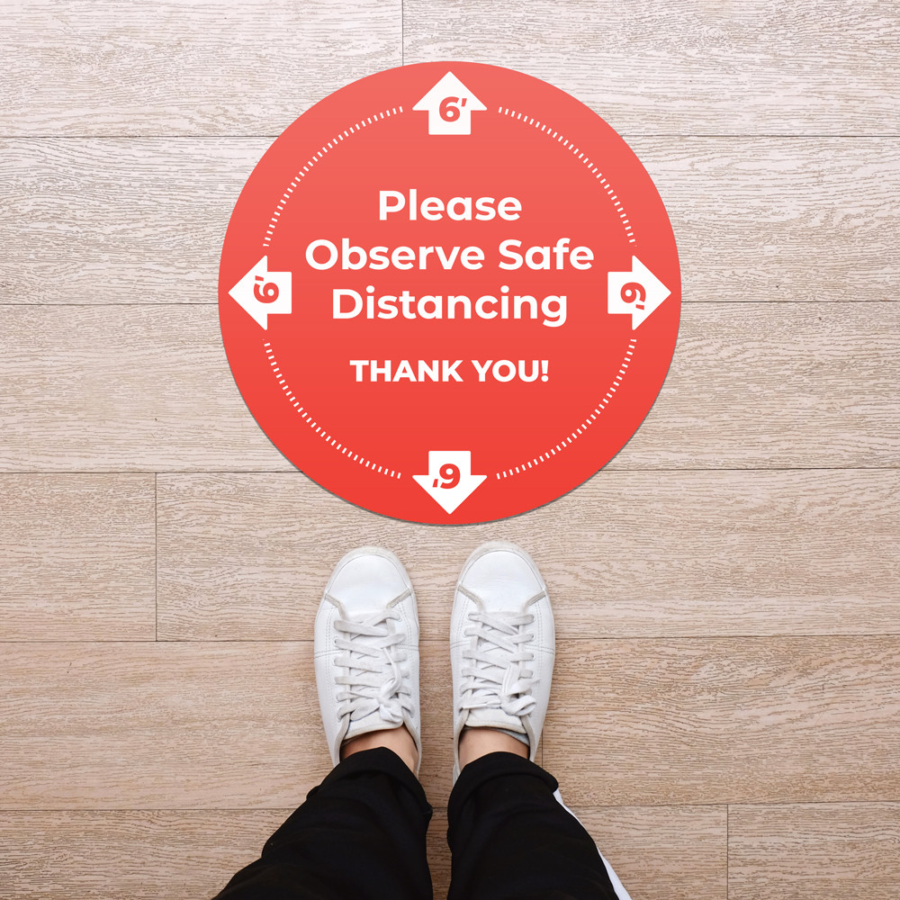 Floor Sticker Decal - Please Observe Safe Distancing Red - 18" x 18" Circle