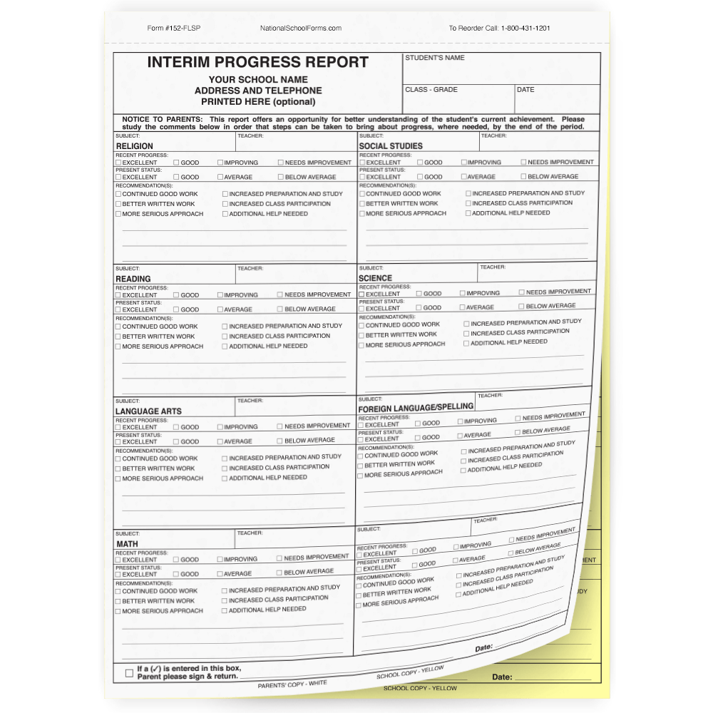Interim Progress Report - Preprinted Subject Areas - NationalSchoolForms.com