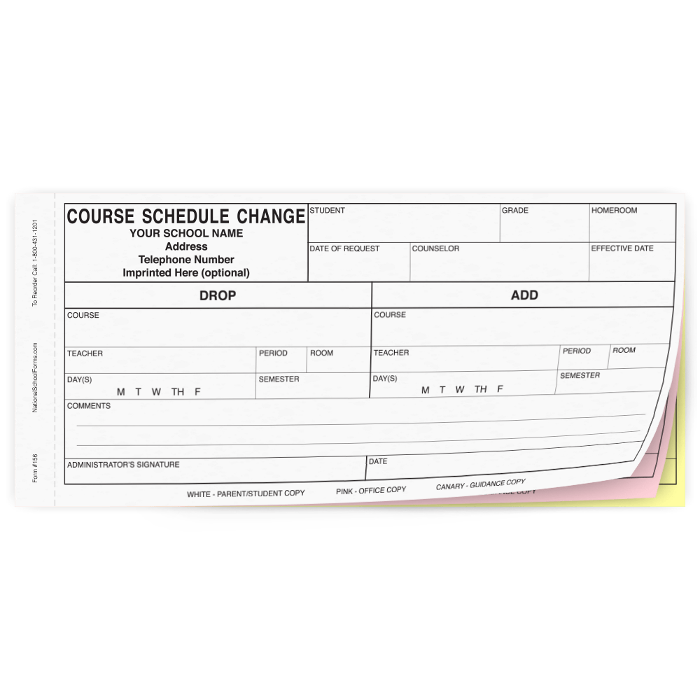 Course Schedule Change - 3 part form - NationalSchoolForms.com