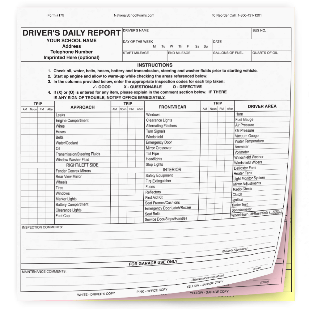 Driver's Daily Report - 3 part form - NationalSchoolForms.com