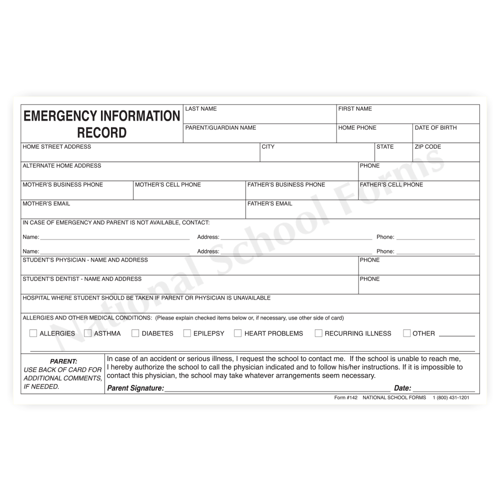 Emergency Information Record - NationalSchoolForms.com