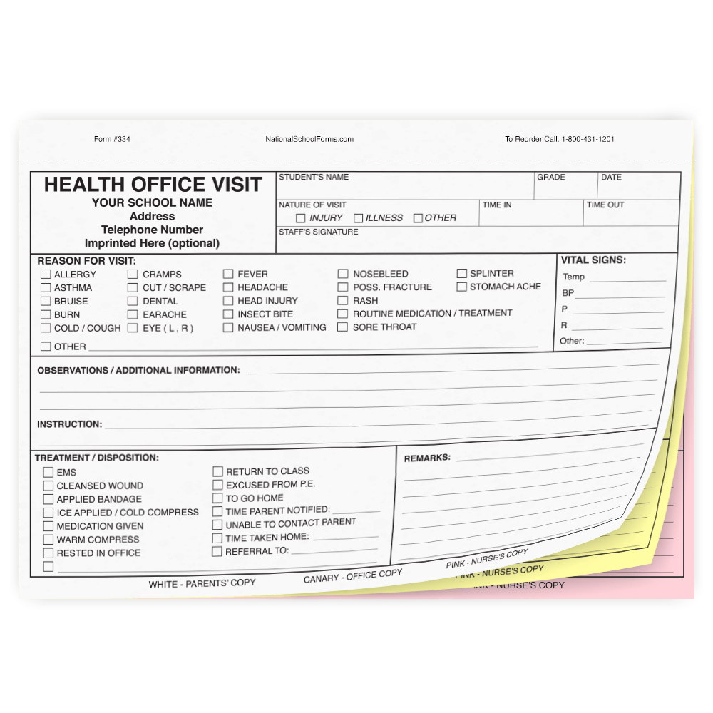 Health Office Visit - 3 part form - NationalSchoolForms.com