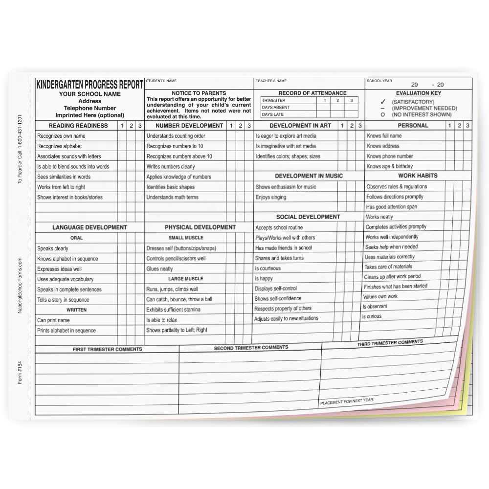 Kindergarten Progress Report - Trimester - NationalSchoolForms.com