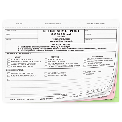 Bilingual Deficiency Report - English/Spanish - NationalSchoolForms.com