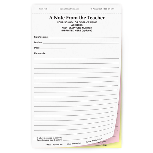 A Note From the Teacher - 3 part form - NationalSchoolForms.com