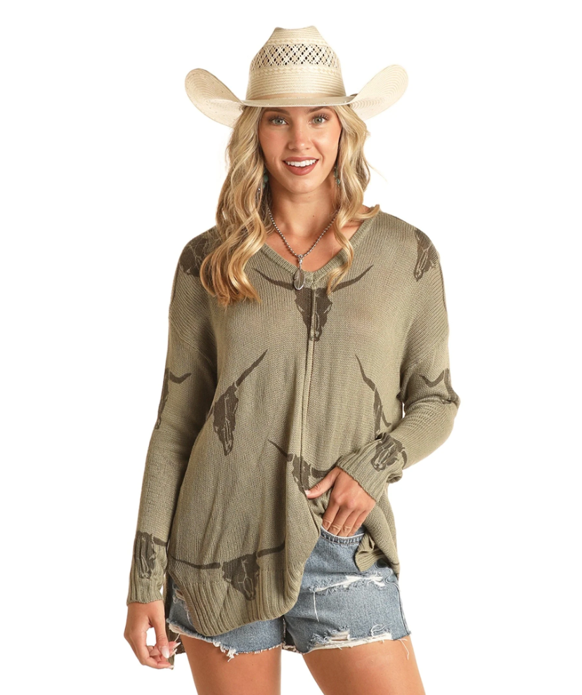 Women's Rock & Roll Longhorn Sweater - Black Swamp Boots
