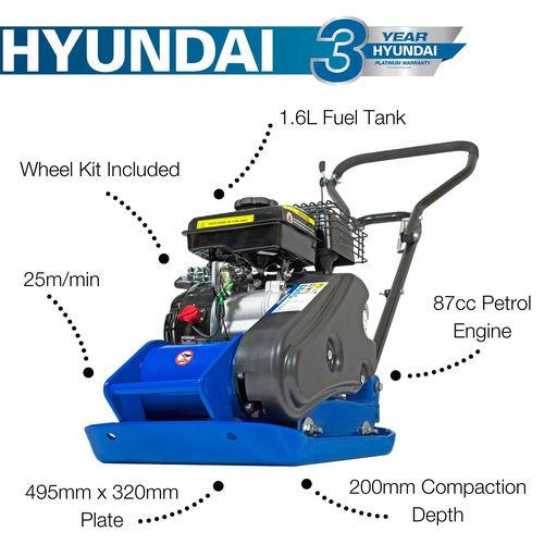 Hyundai 50kg 32cm 78.5cc Petrol Plate Compactor Wheel Kit and Paving Pad HYCP5030
