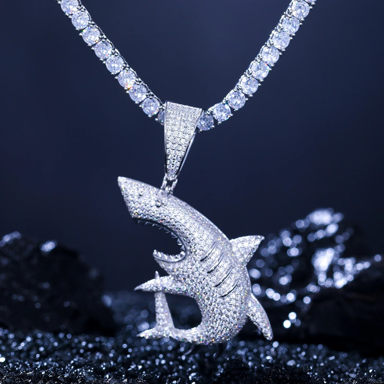 Shark Strike Sterling Silver VVS Diamond Stones Great White Shark Iced Pendant