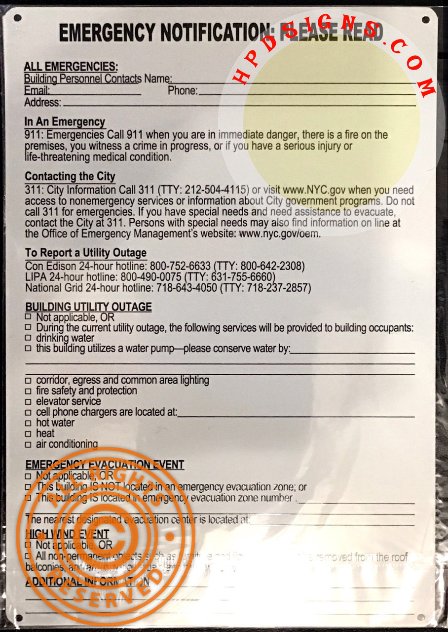 HPD Disaster Response Signage /Emergency Notification SIGN