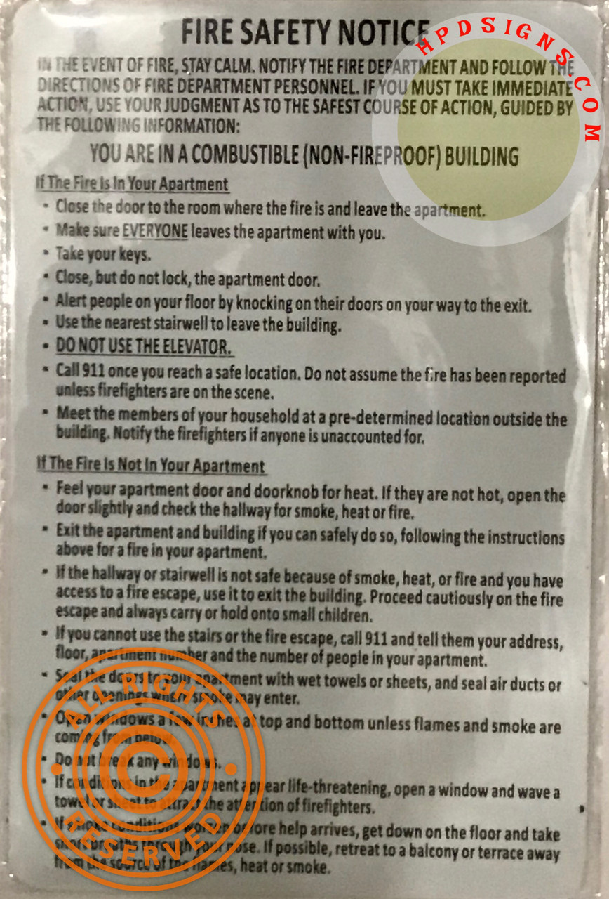 DOOR Fire Safety Notice -Non FIRE PROOF BUILDING(Silver ,8.5X5.5, § 408 ...