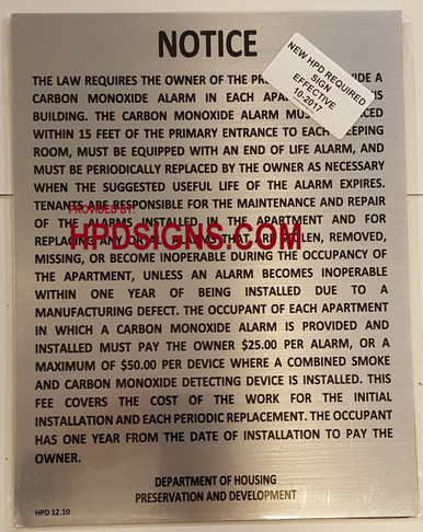 HPD Carbon monoxide detector notice