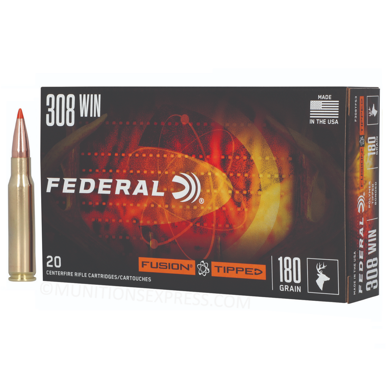Federal Fusion Tipped .308 Winchester Ammo 180gr Bonded Polymer Tip 20/Box