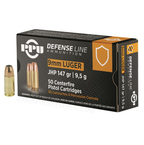 PPU (Prvi Partizan) Defense Line 9mm Luger Ammo 147gr Jacketed Hollow ...