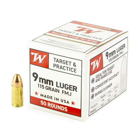 Winchester Target & Practice 9mm Luger Ammo 115gr Full Metal Jacket 50/Box