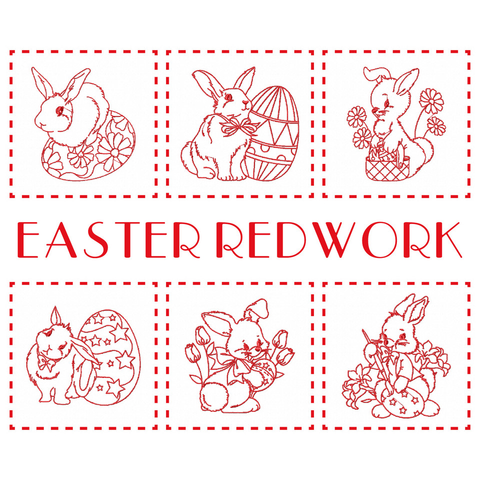 Machine Embroidery Design - Easter Redwork Bunnies Collection #05