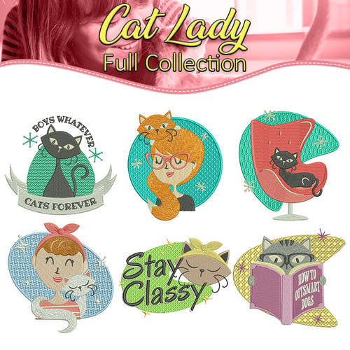 Machine Embroidery Designs - Cat Lady Collection of 6