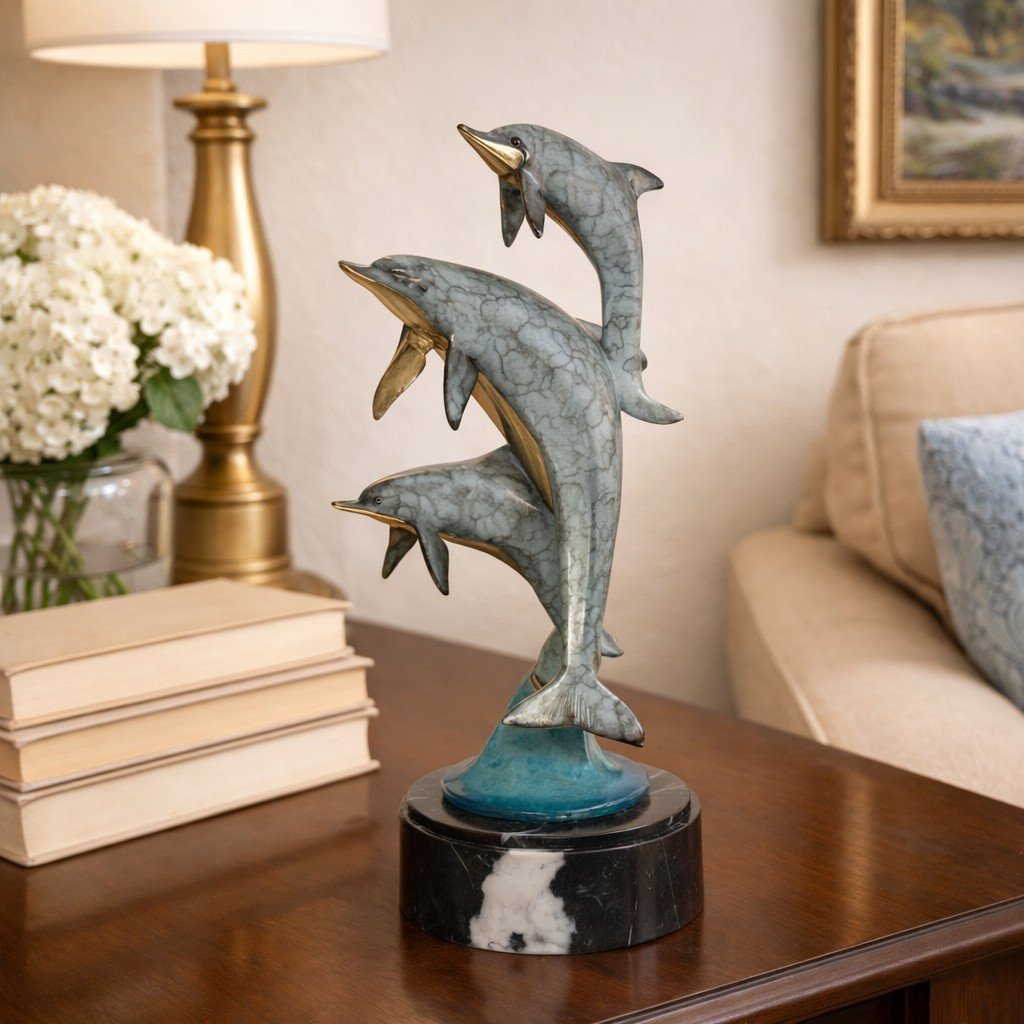 Three Medium Dolphins in Special Patina on Marble Base - AFD Home