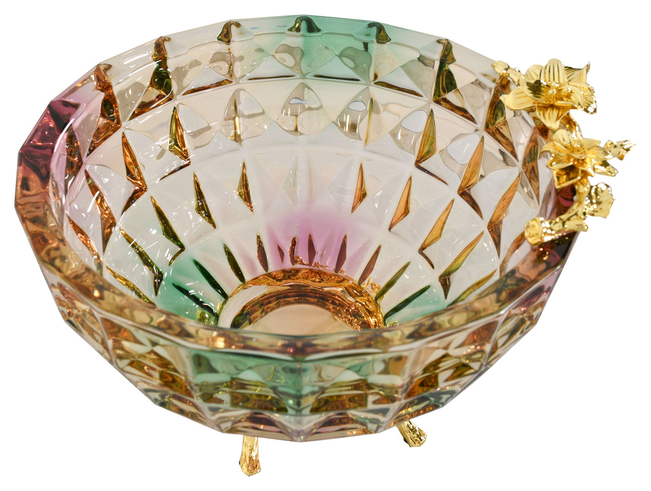 Multi Color Cut Glass Bowl With Gold Accent - AFD Home