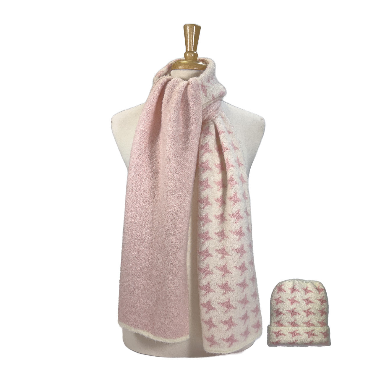 Beanie & Scarf Set - Pink Houndstooth - Charleston Wrap