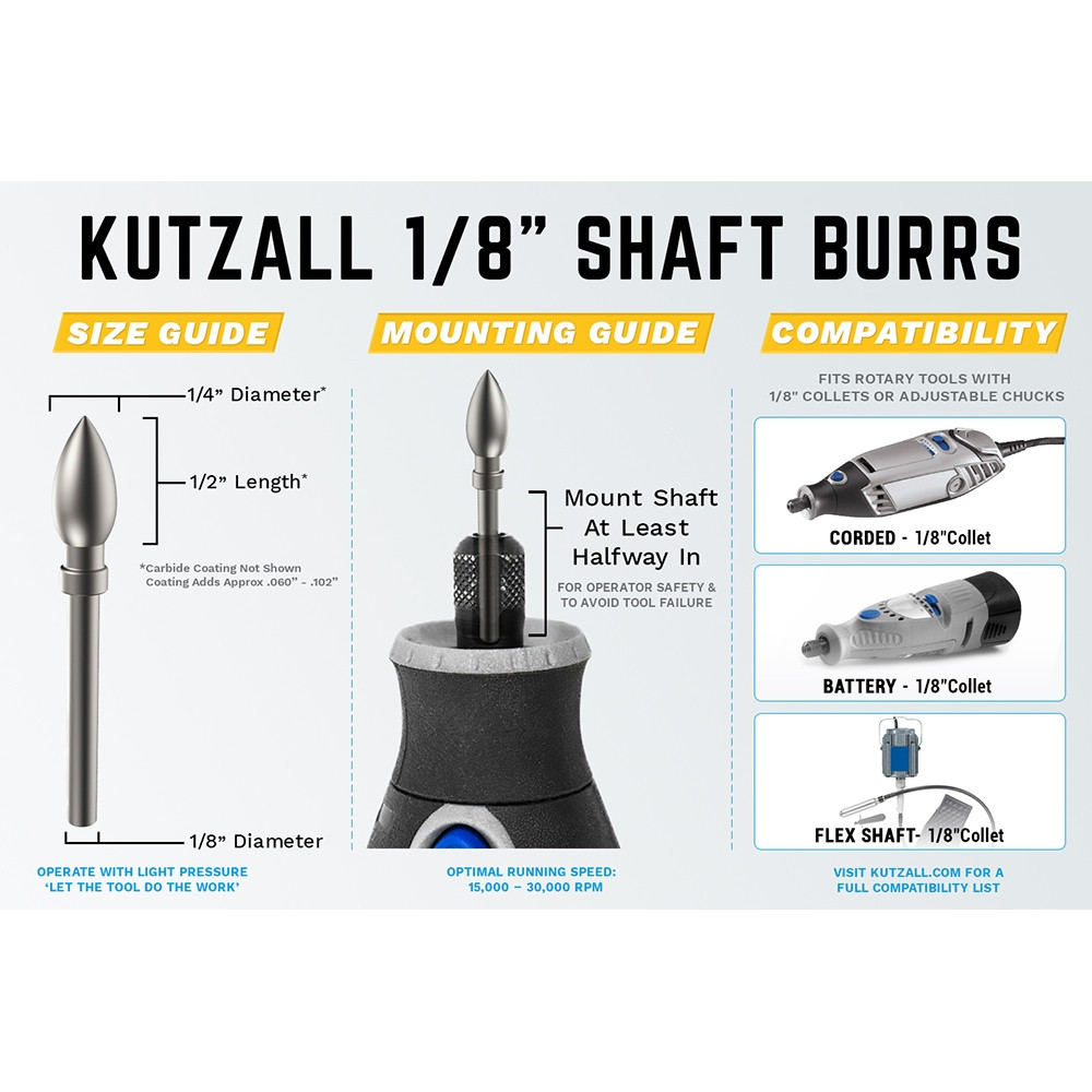 Carving Burr Set 1/8" Shank - Kutzall 4-Piece Coarse Kit