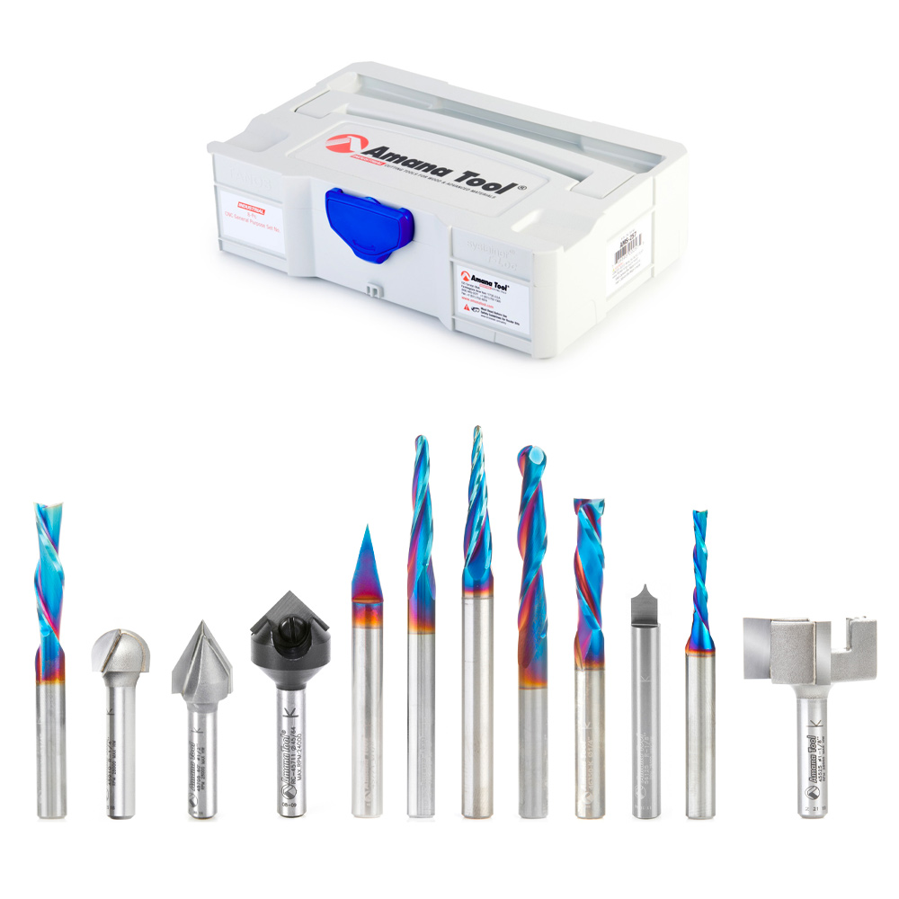 CNC Router Bit Set 12-Pc Amana AMS-259 | 1/4 Inch Shank in Tanos Case