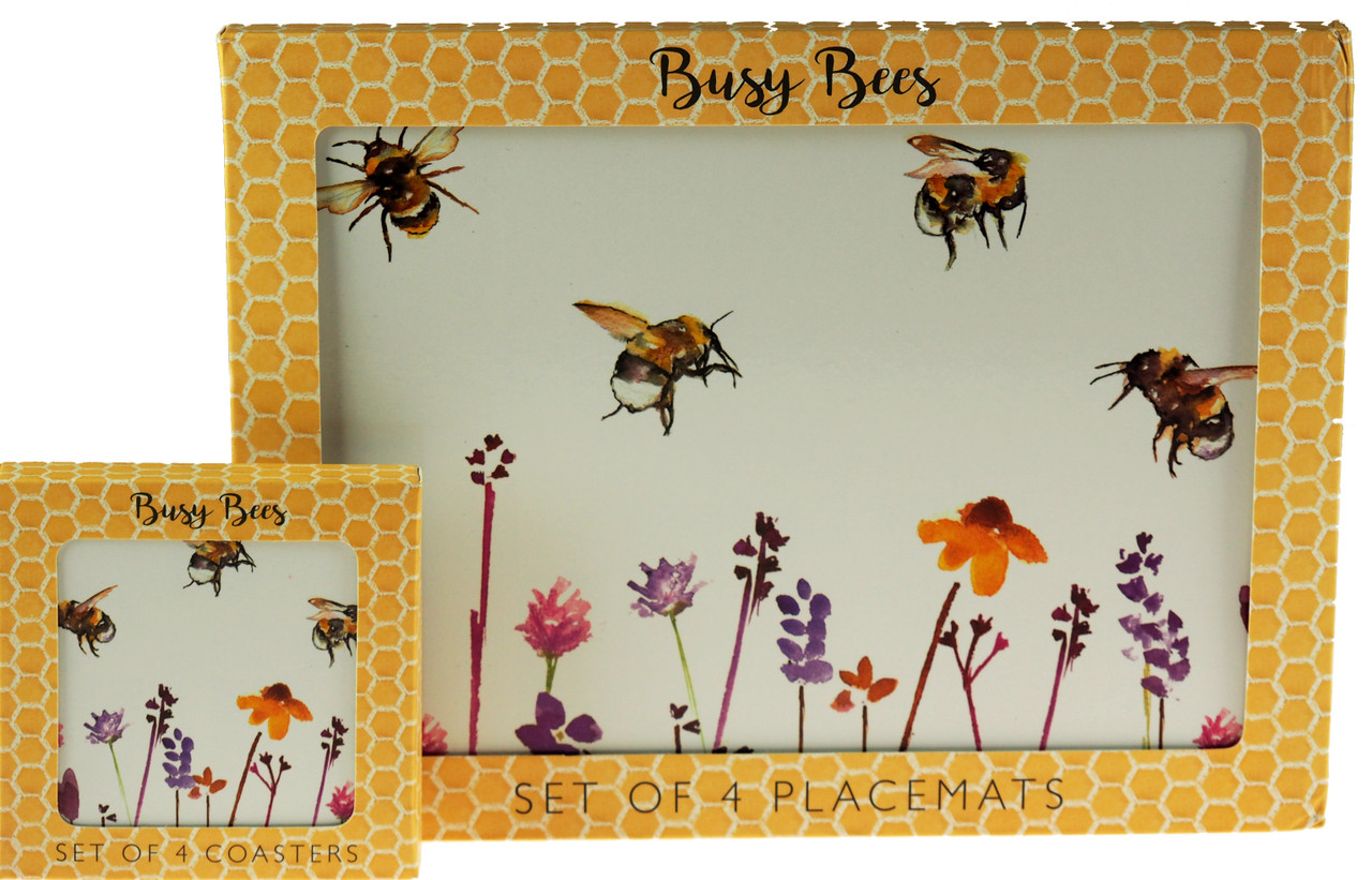 Set Of 4 Busy Bumble Bee Place Mats And Coasters - Blue Whale Gifts
