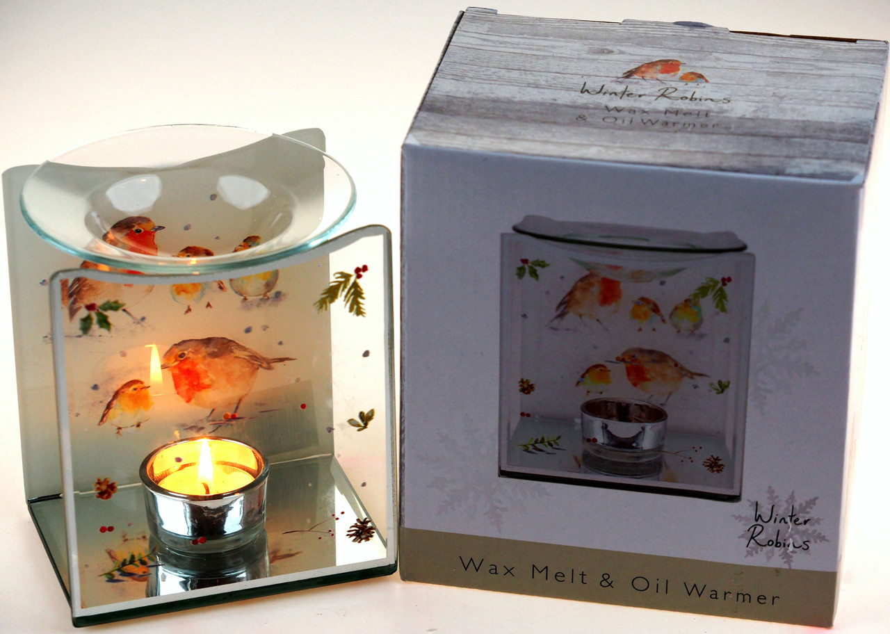 Christmas Winter White Robin Design Glass Oil Burner - Blue Whale Gifts