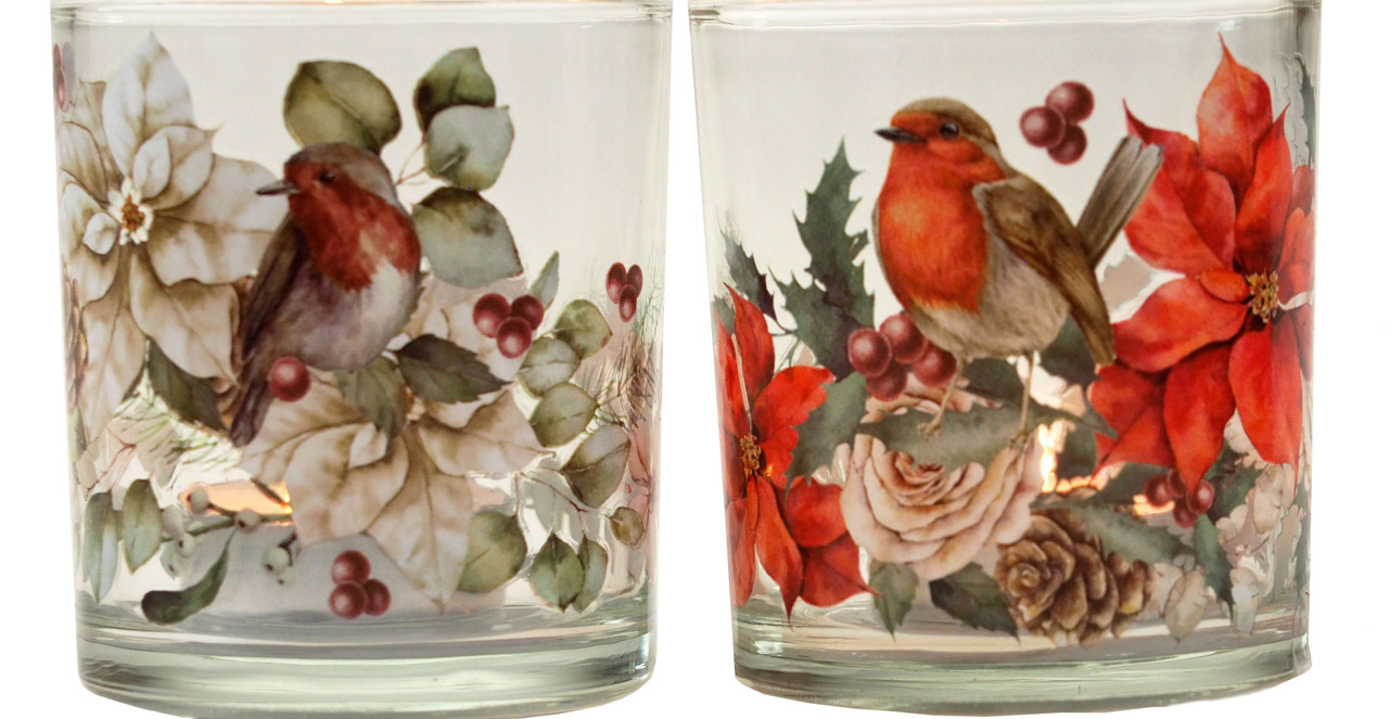 Traditional Christmas Robin Glass Votive Tealight Candle Holders (Set ...